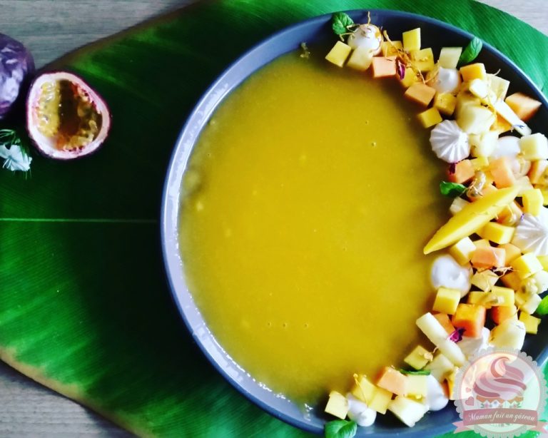 Brunoise de fruits exotiques, coulis de mangue et crémeux de coco ...